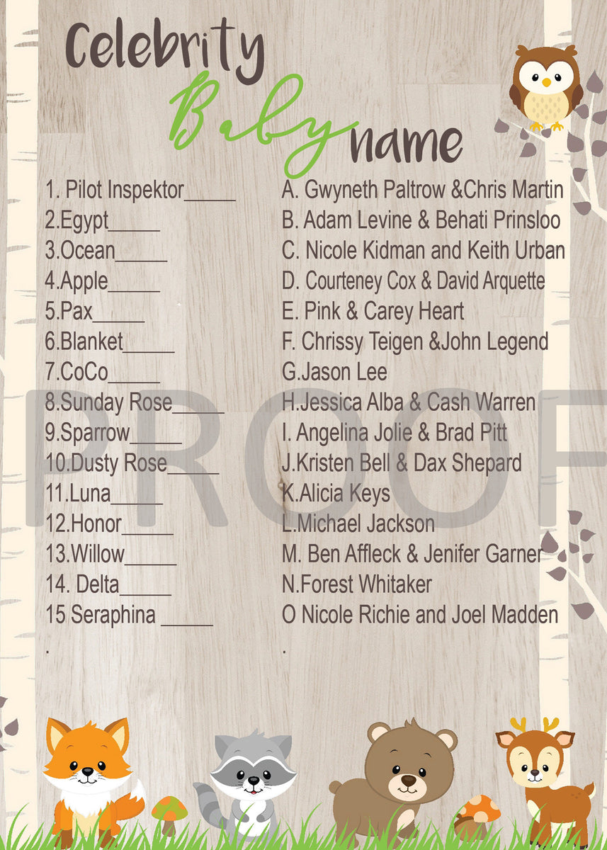 Woodland Animal Baby Celebrity Baby Name Game | Baby Shower Celebrity ...
