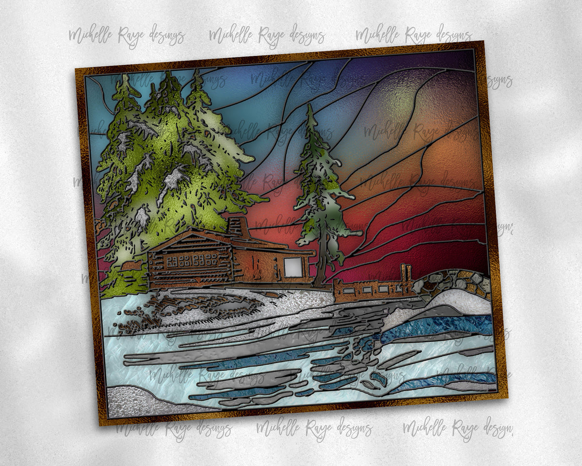 Log Cabin Winter Scene Stained Glass – Michelle Raye Designs